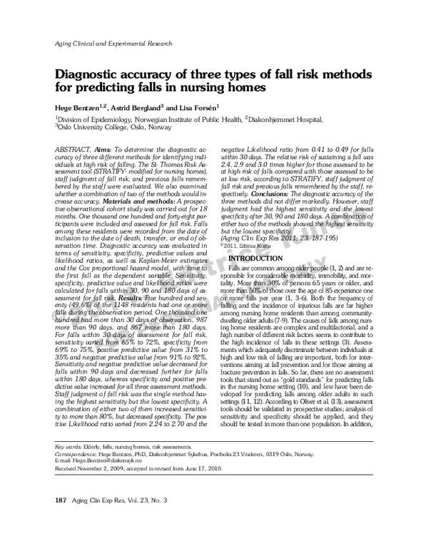 (PDF) Diagnostic accuracy of three types of fall risk methods for predicting falls in nursing homes