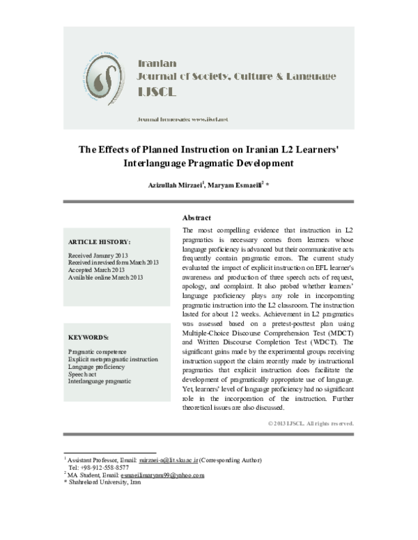 (PDF) The Effects of Planned Instruction on Iranian L2 Learners' Interlanguage Pragmatic Development