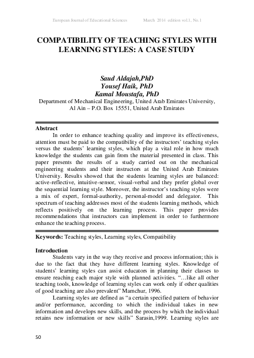 (PDF) Compatibility of Teaching Styles with Learning Styles: A Case Study