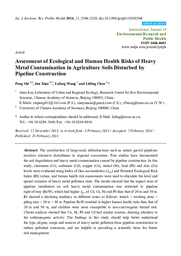 (PDF) Assessment of Ecological and Human Health Risks of Heavy Metal ...