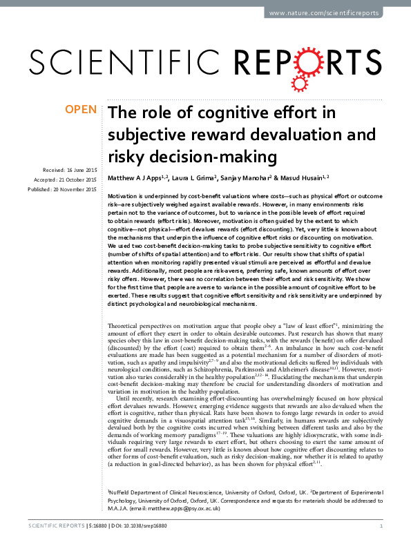 (PDF) The role of cognitive effort in subjective reward devaluation and ...