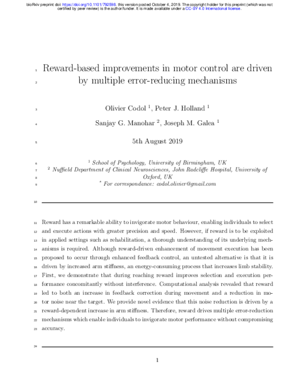 (PDF) Reward-based improvements in motor control are driven by multiple error-reducing mechanisms