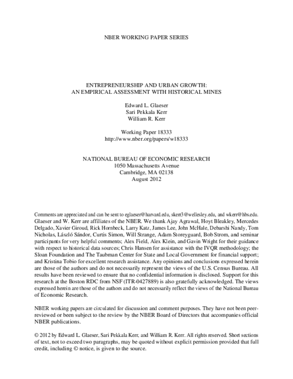 (PDF) Nber Working Paper Series Entrepreneurship and Urban Growth: An ...