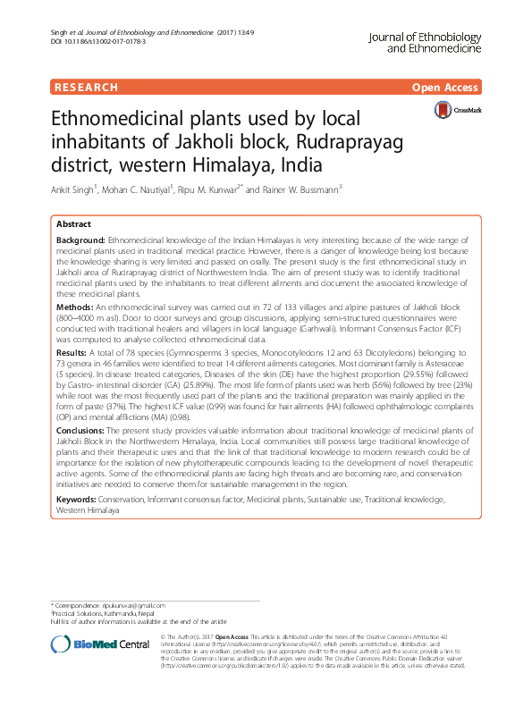 (PDF) Ethnomedicinal plants used by local inhabitants of Jakholi block, Rudraprayag district ...