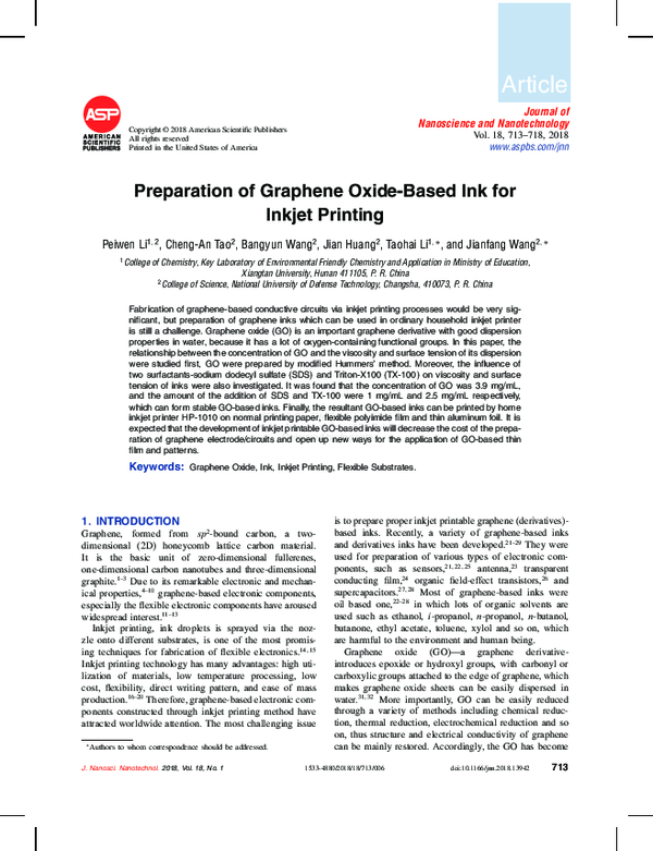 (PDF) Preparation of Graphene Oxide-Based Ink for Inkjet Printing