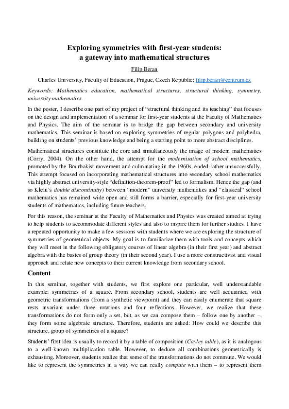 (PDF) Exploring symmetries with first-year students: a gateway into mathematical structures ...