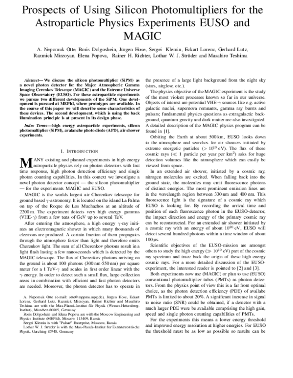 (PDF) Prospects of using silicon photomultipliers for the astroparticle physics experiments EUSO ...