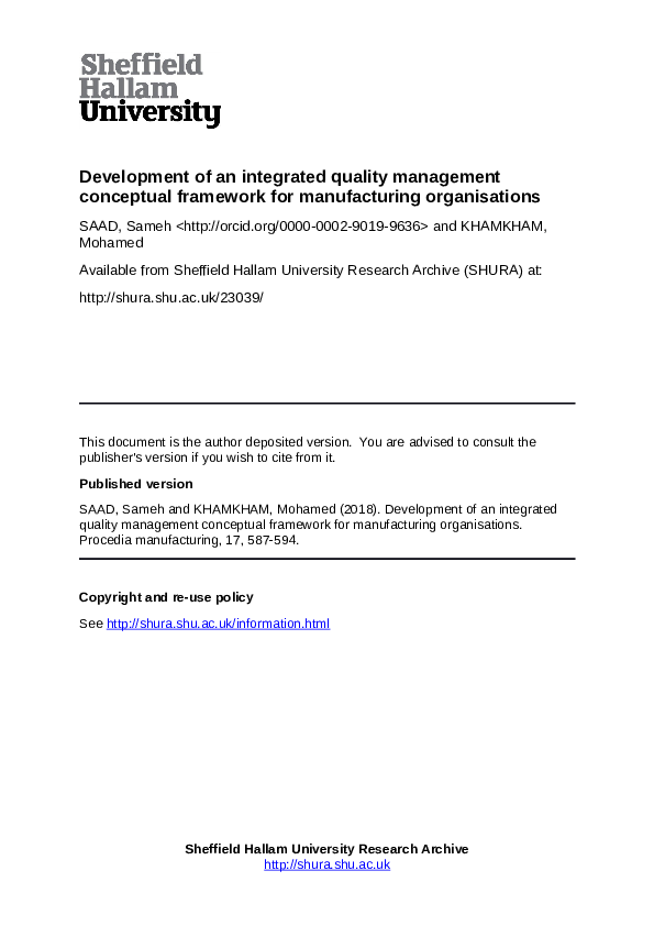 (PDF) Development of an Integrated Quality Management Conceptual Framework for Manufacturing ...
