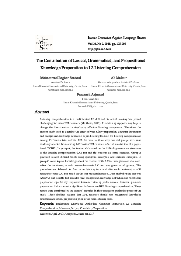 (PDF) The Contribution of Lexical, Grammatical, and Propositional Knowledge Preparation to L2 ...