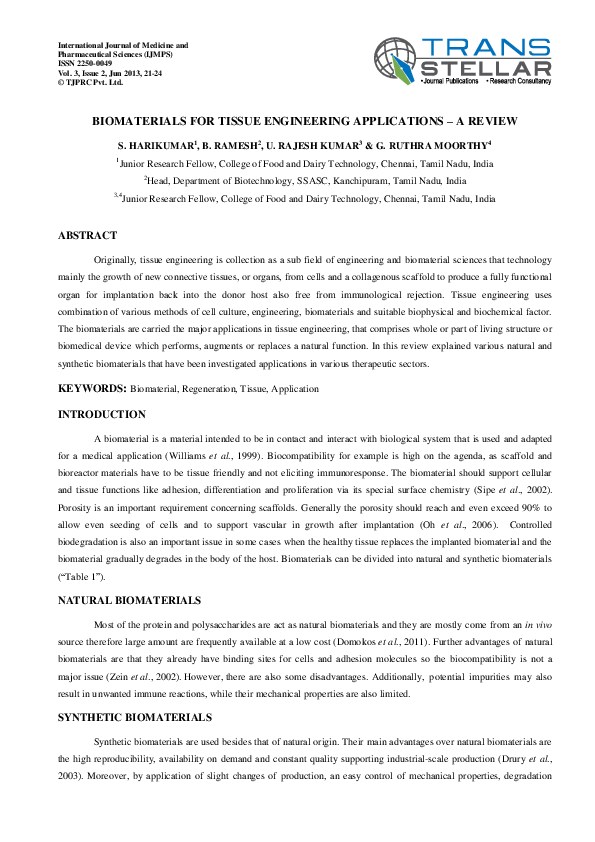 (PDF) Biomaterials for Tissue Engineering Applications