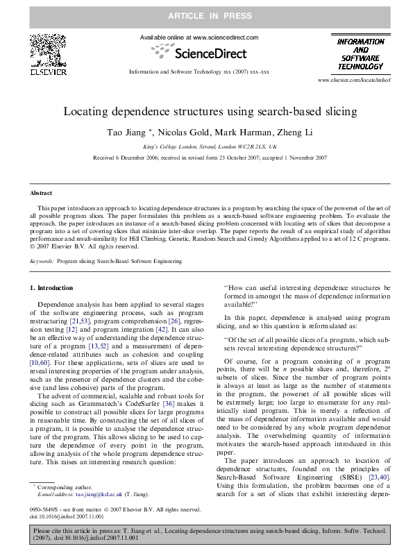 Pdf Locating Dependence Structures Using Search Based Slicing John Clark