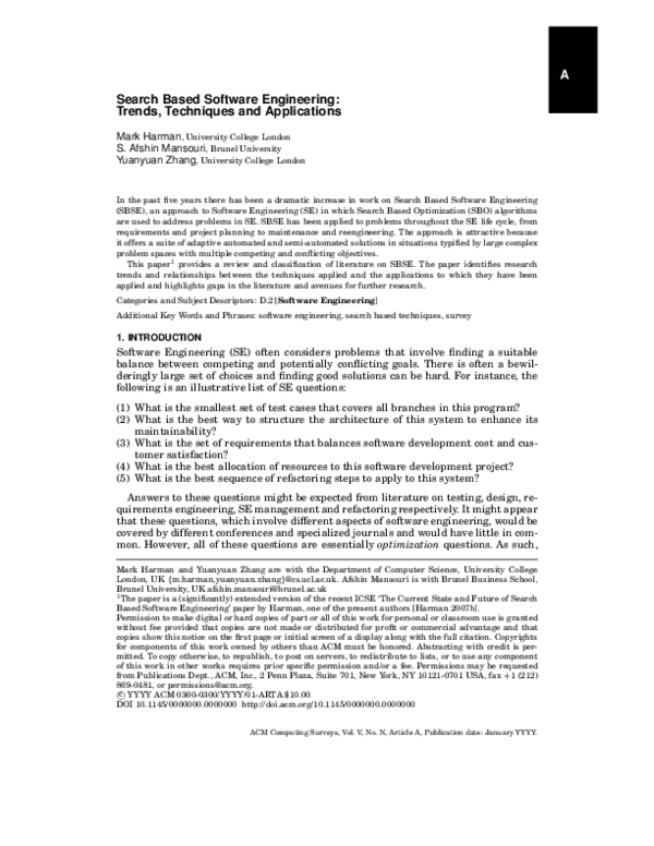 (PDF) Search-based software engineering