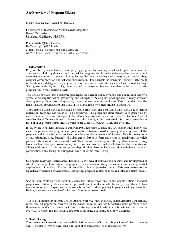 Pdf An Overview Of Program Slicing