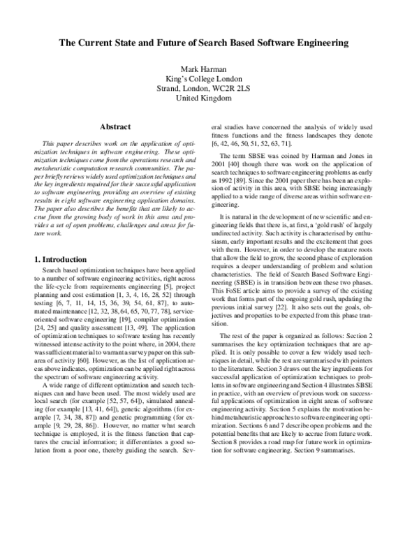 Pdf The Current State And Future Of Search Based Software Engineering