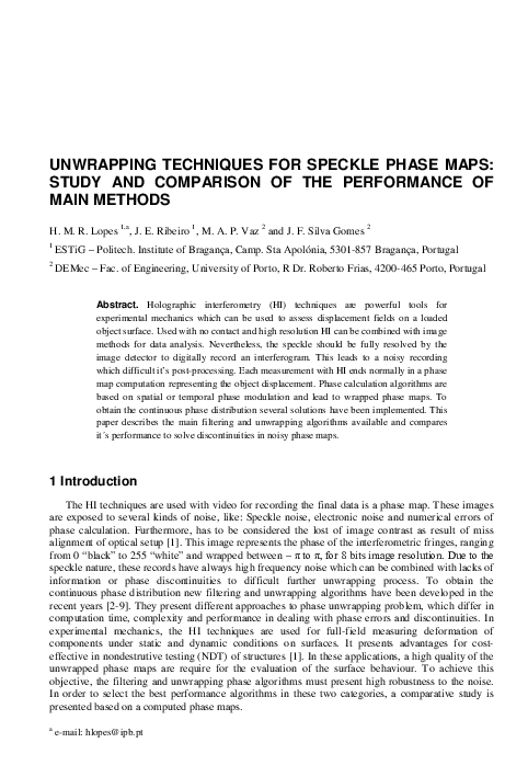 (PDF) Unwrapping techniques for speckle phase maps: study and comparison of the performance of ...