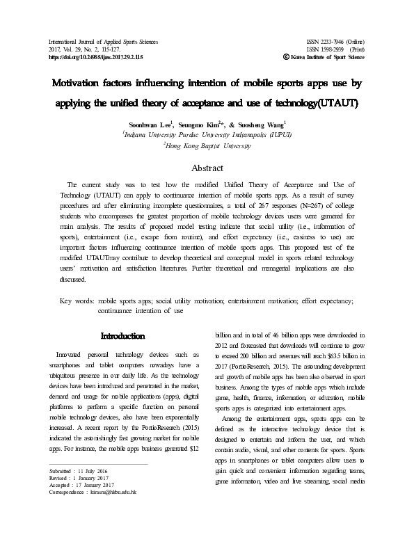 (PDF) Motivation factors influencing intention of mobile sports apps use by applying the unified ...