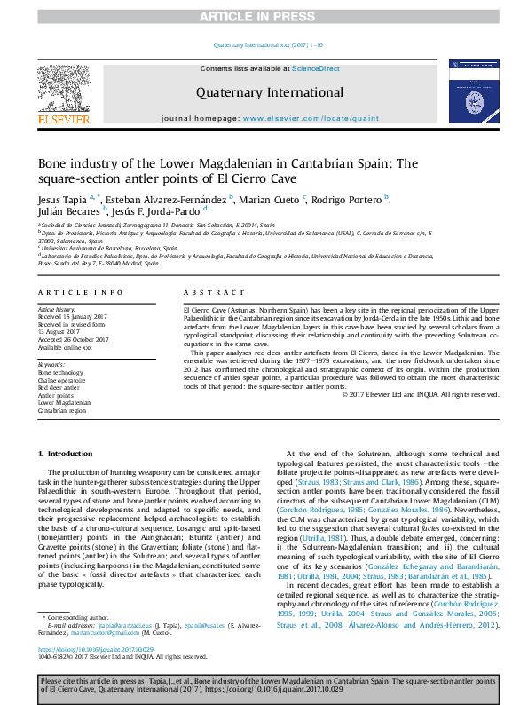 (PDF) Bone industry of the Lower Magdalenian in Cantabrian Spain: The ...