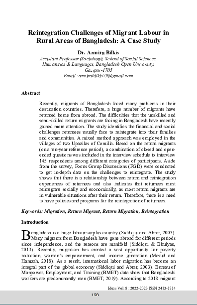 (PDF) Reintegration Challenges of Migrant Labour in Rural Areas of Bangladesh: A Case Study