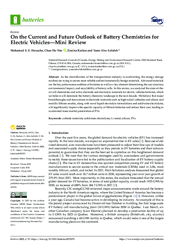 (PDF) On the Current and Future Outlook of Battery Chemistries for ...