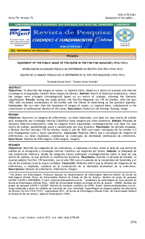 (PDF) Equipment of the public image of the nurse in the fon-fon magazine (1916-1931) | Fernando ...