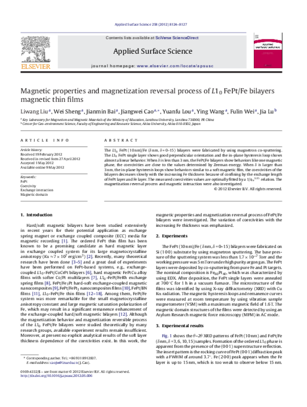 (PDF) Magnetic properties and magnetization reversal process of L10 FePt/Fe bilayers magnetic ...