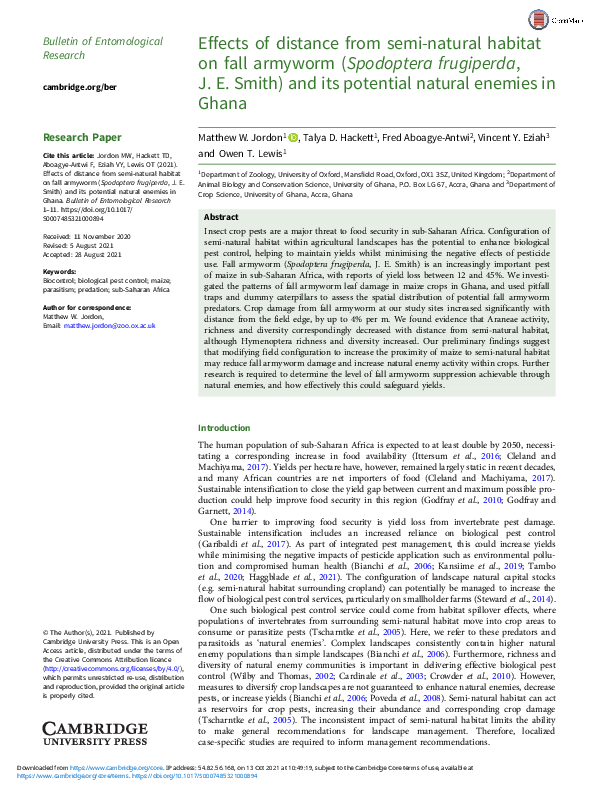 Effects of distance from semi-natural habitat on fall armyworm ...