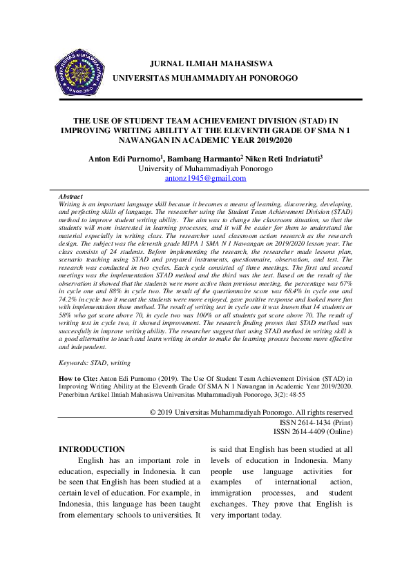 (PDF) The Use of Student Team Achievement Division (Stad) in Improving Writing Ability at the ...