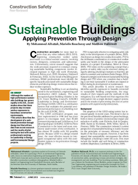 (PDF) Sustainable Buildings: Applying Prevention Through Design