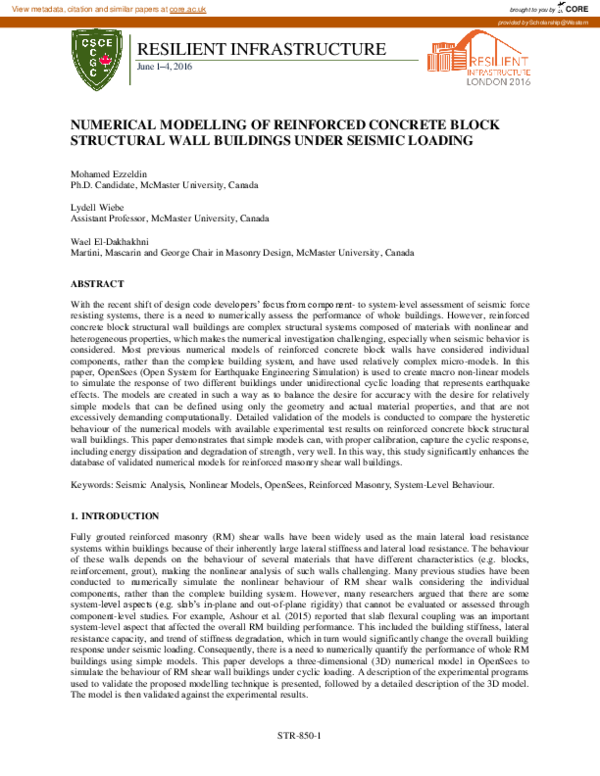 (PDF) STR-850: Numerical Modelling of Reinforced Concrete Block Structural Wall Buildings Under ...