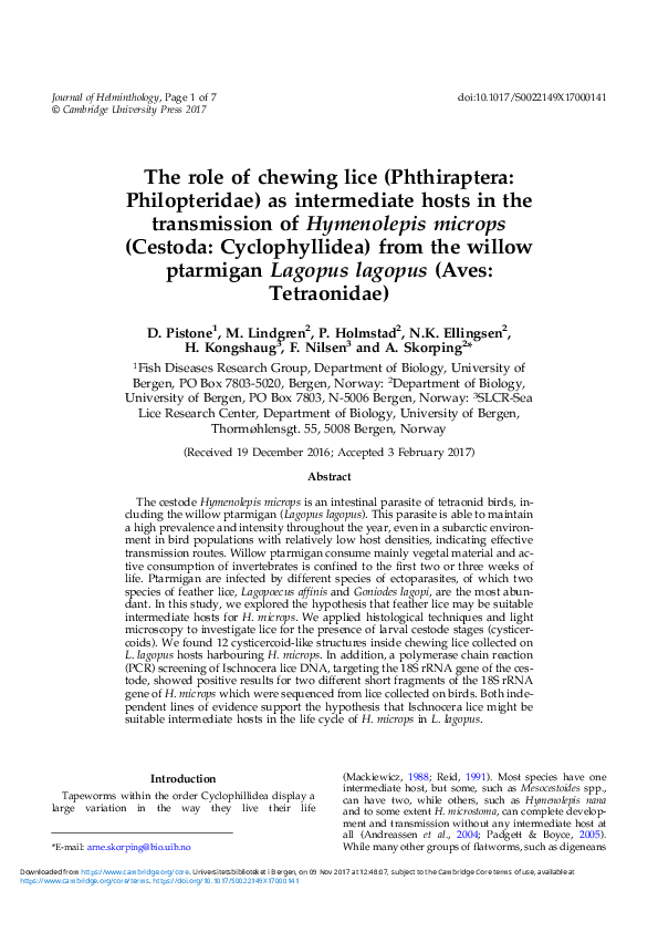 (PDF) The role of chewing lice (Phthiraptera: Philopteridae) as ...