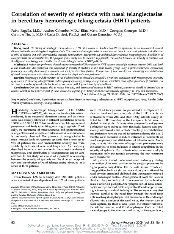 Pdf Correlation Of Severity Of Epistaxis With Nasal Telangiectasias In Hereditary Hemorrhagic