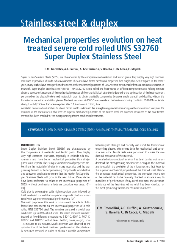 (PDF) Mechanical properties evolution on heat treated severe cold rolled UNS S 32760 Super ...