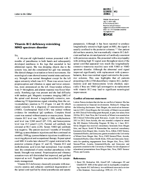 (PDF) Vitamin B12 Deficiency Mimics NMO Spectrum Disorder