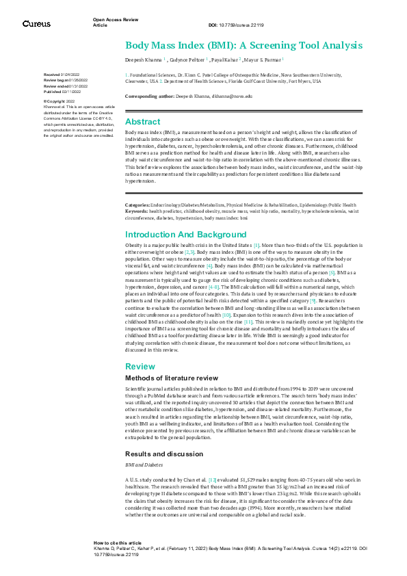 (PDF) Body Mass Index (BMI): A Screening Tool Analysis