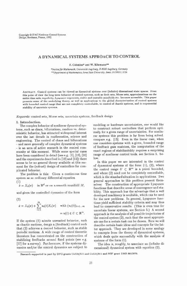 (PDF) A Dynamical Systems Approach to Control