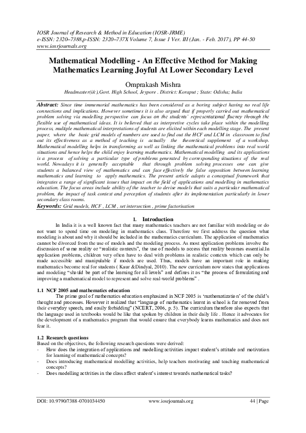 (PDF) Mathematical Modelling - An Effective Method for Making Mathematics Learning Joyful At ...