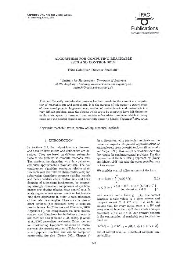Pdf Algorithms For Computing Reachable Sets And Control Sets