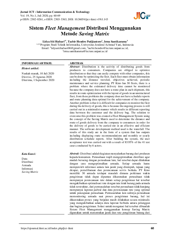 Pdf Sistem Fleet Management Distribusi Menggunakan Metode Saving Matrix Tacbir Hendro P