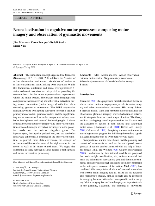 (PDF) Neural activation in cognitive motor processes: comparing motor imagery and observation of ...