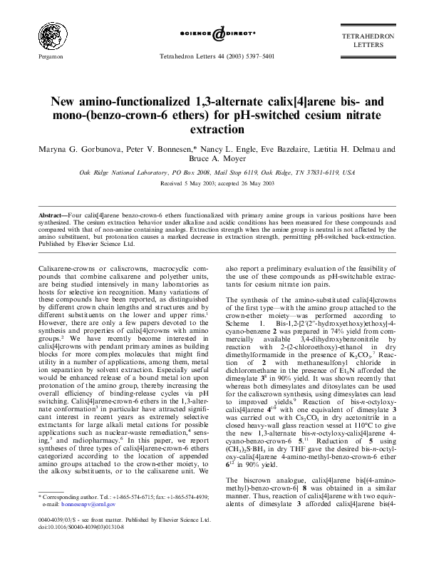 (PDF) New amino-functionalized 1,3-alternate calix[4]arene bis- and ...