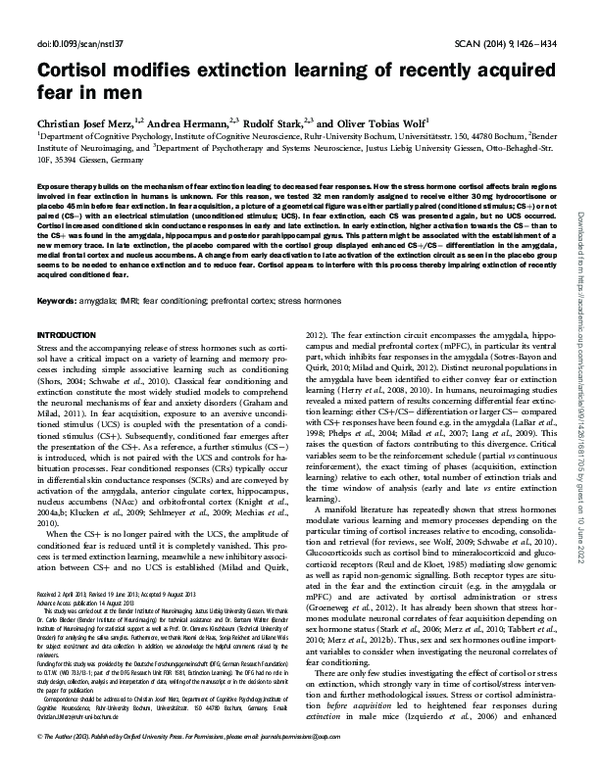 (PDF) Cortisol modifies extinction learning of recently acquired fear ...