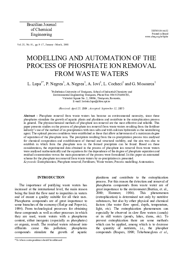 (PDF) Modelling and automation of the process of phosphate ion removal from waste waters