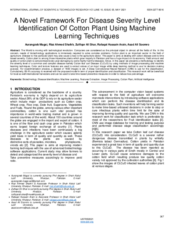 (PDF) A Novel Framework For Disease Severity Level Identification Of Cotton Plant Using Machine ...