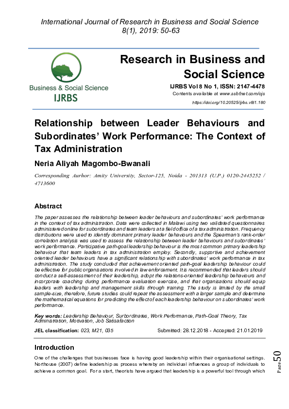(PDF) Relationship between Leader Behaviours and Subordinates’ Work ...
