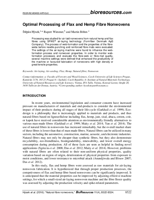 (PDF) Optimal Processing of Flax and Hemp Fibre Nonwovens