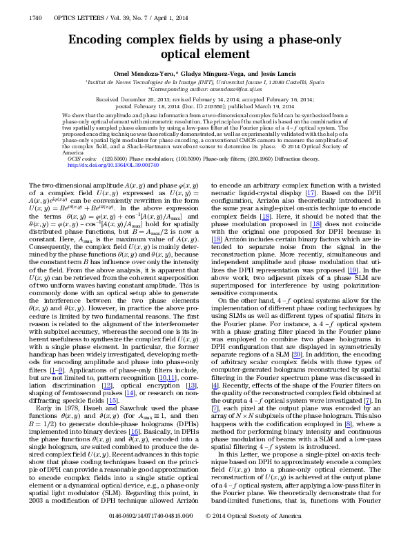 (PDF) Encoding complex fields by using a phase-only optical element