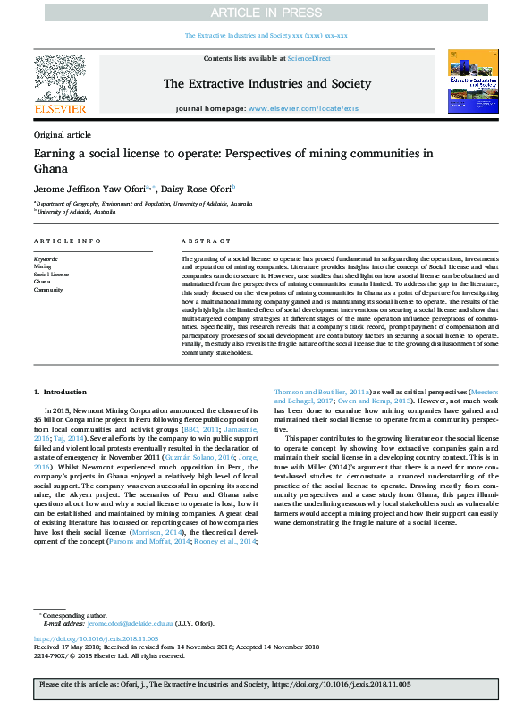 (PDF) Earning a social license to operate: Perspectives of mining communities in Ghana