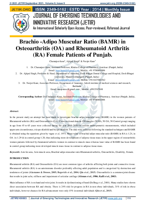 (PDF) Brachio -Adipo Muscular Ratio (BAMR) in Osteoarthritis (OA) and ...