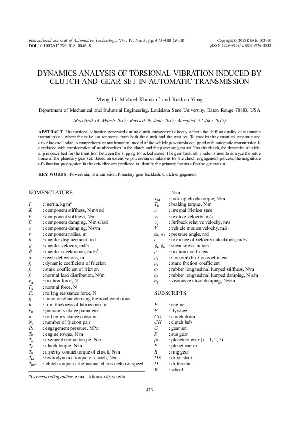 (PDF) Dynamics Analysis of Torsional Vibration Induced by Clutch and ...
