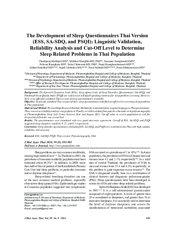 (PDF) Thai Sleep Questionnaires: Validation and Cut-Offs